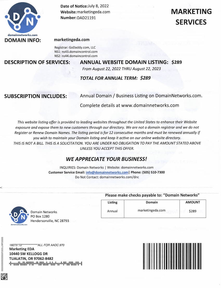 Scam Alert: Domain Networks - Tualatin Web, LLC