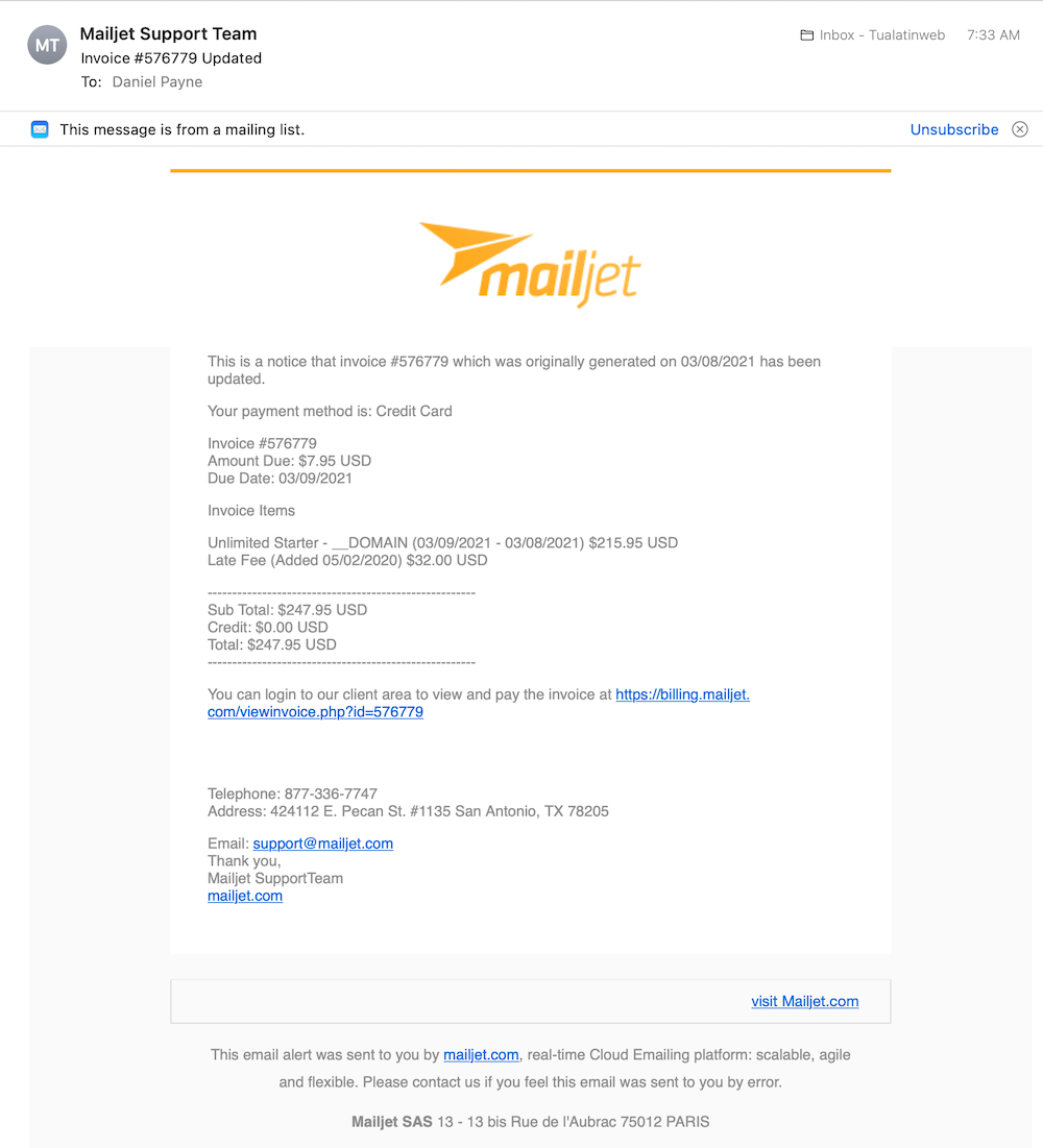Phishing, not from the real Mailjet - Tualatin Web, LLC